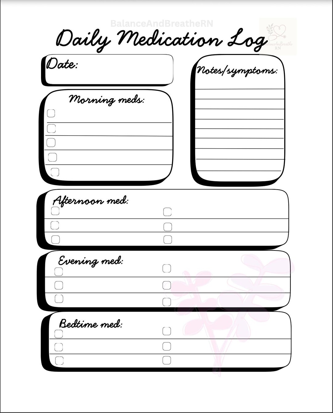 Daily Medication Log With a Place for Notes and Symptoms. This is a ...