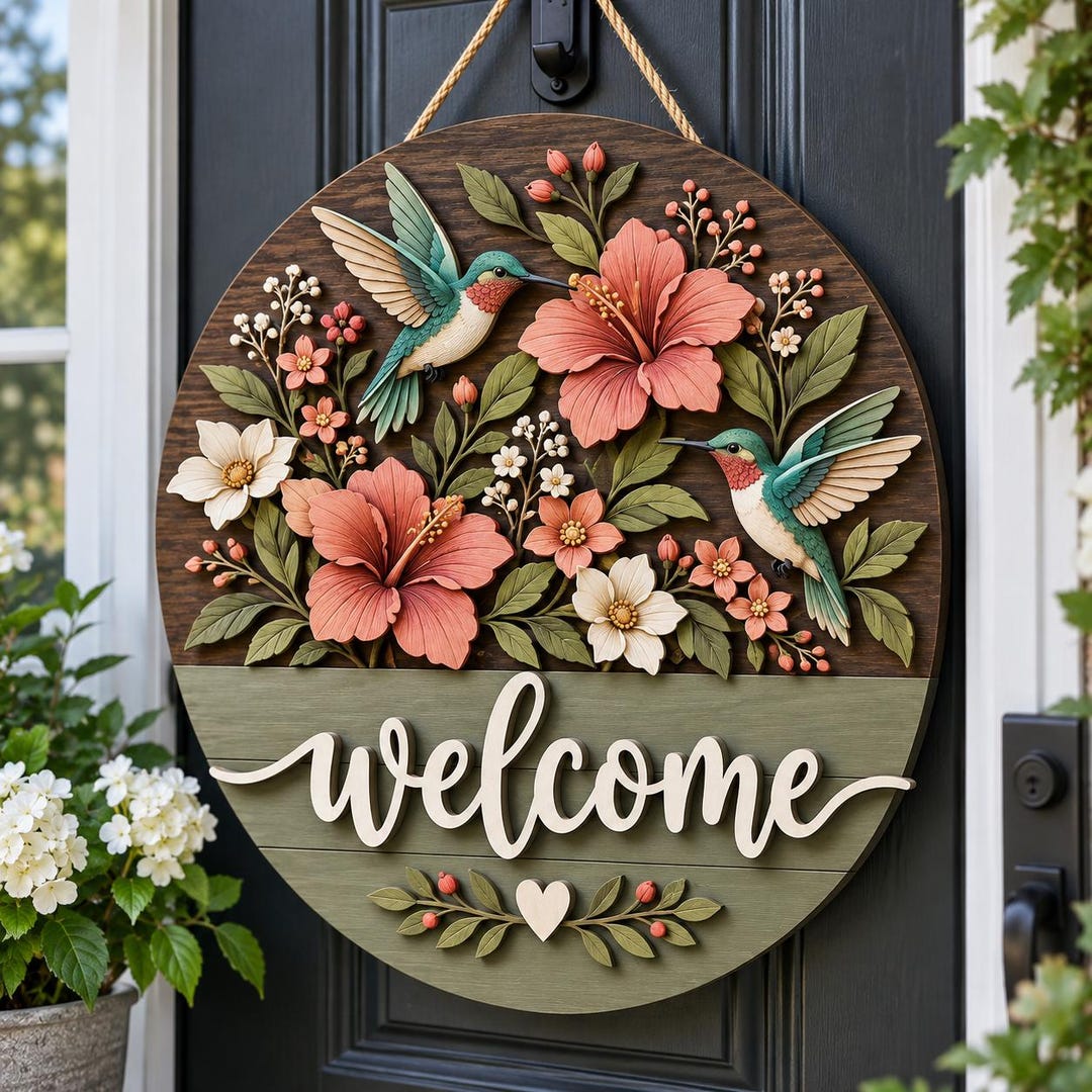 Floral Hummingbird Door Hanger, Botanical Welcome Sign, Round Wood ...