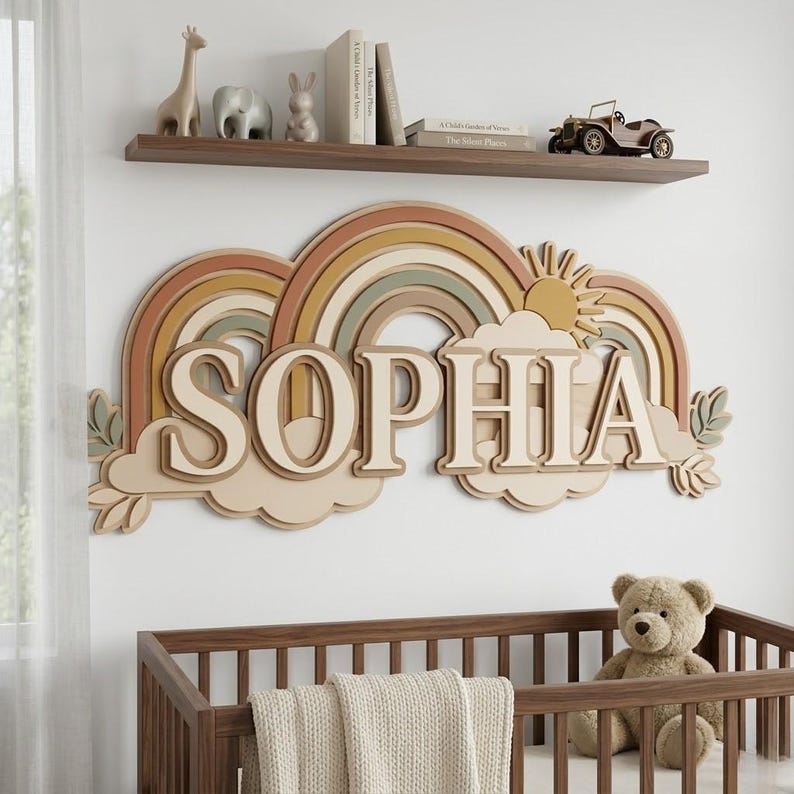Custom Rainbow Baby Name Sign, Wooden Nursery Name Sign, Pastel Girl ...
