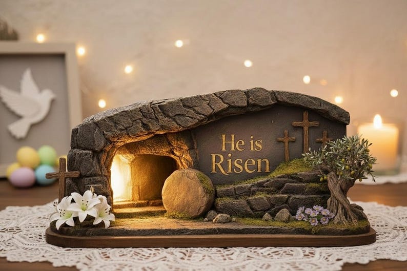 Easter Wooden Block, Empty Tomb Resurrection Scene, He is Risen ...