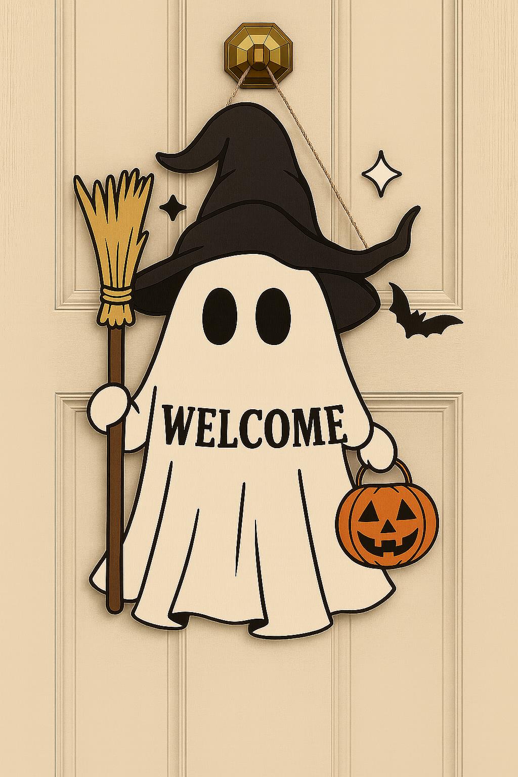 Halloween Ghost Welcome Sign, Cute Witch Door Hanger, Spooky Front ...