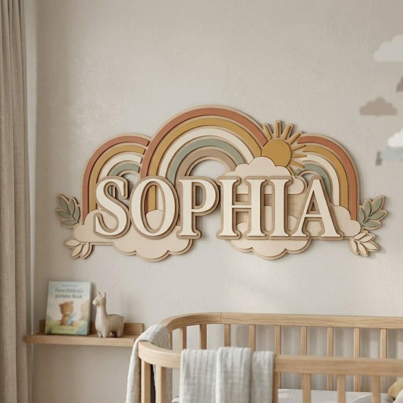 Custom Rainbow Baby Name Sign, Wooden Nursery Name Sign, Pastel Girl ...