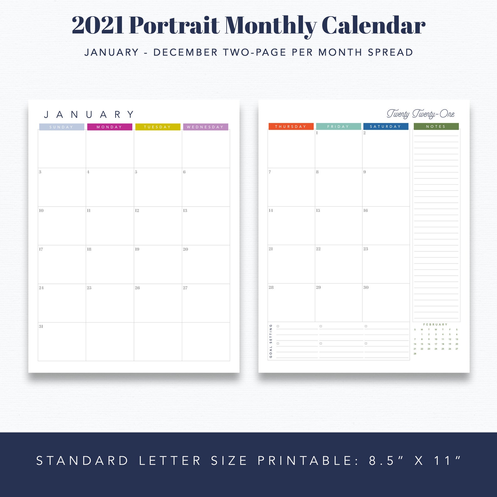 Standard 8.5" X 11" 12 Month Portrait Calendar Printable (2-page Spread ...