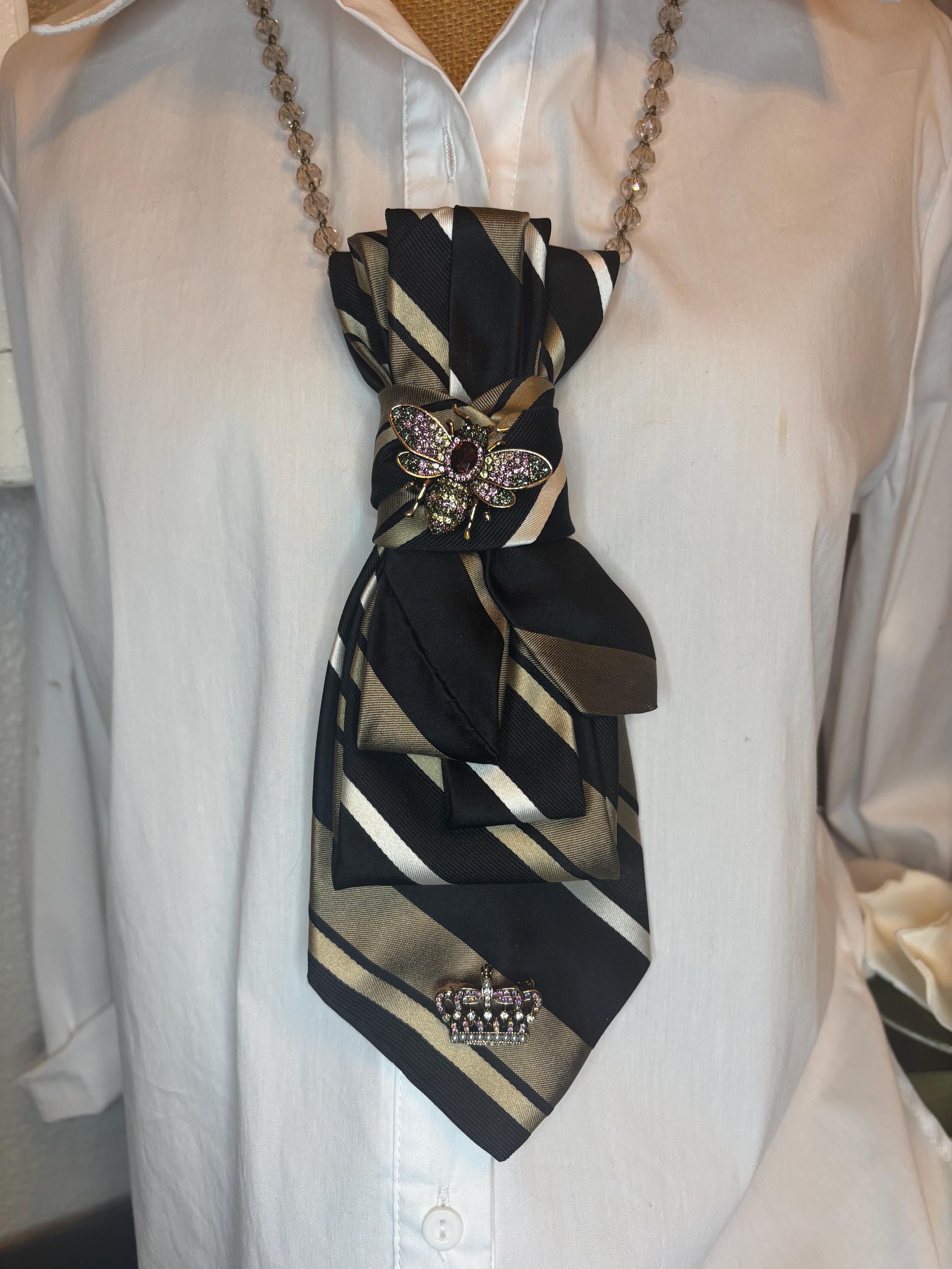 Upcycled Necktie Transformed Into One of a Kind Necklace With Brooches ...
