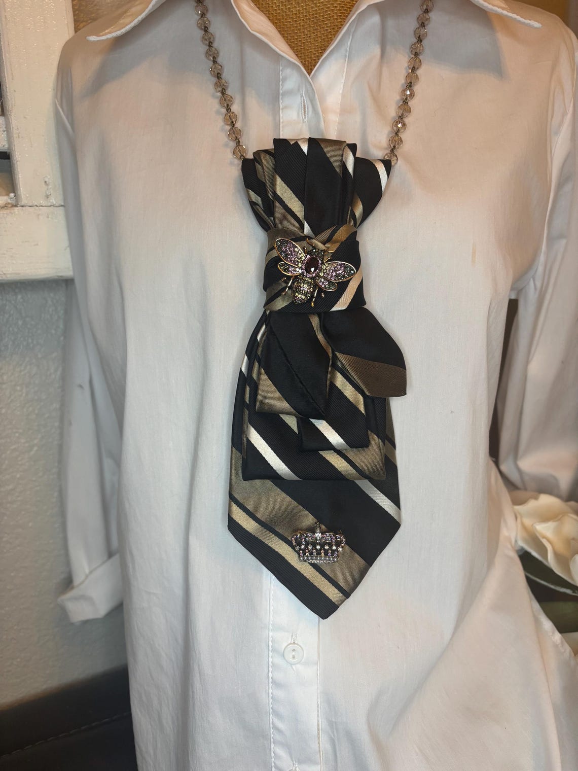 Upcycled Necktie Transformed Into One of a Kind Necklace With Brooches ...