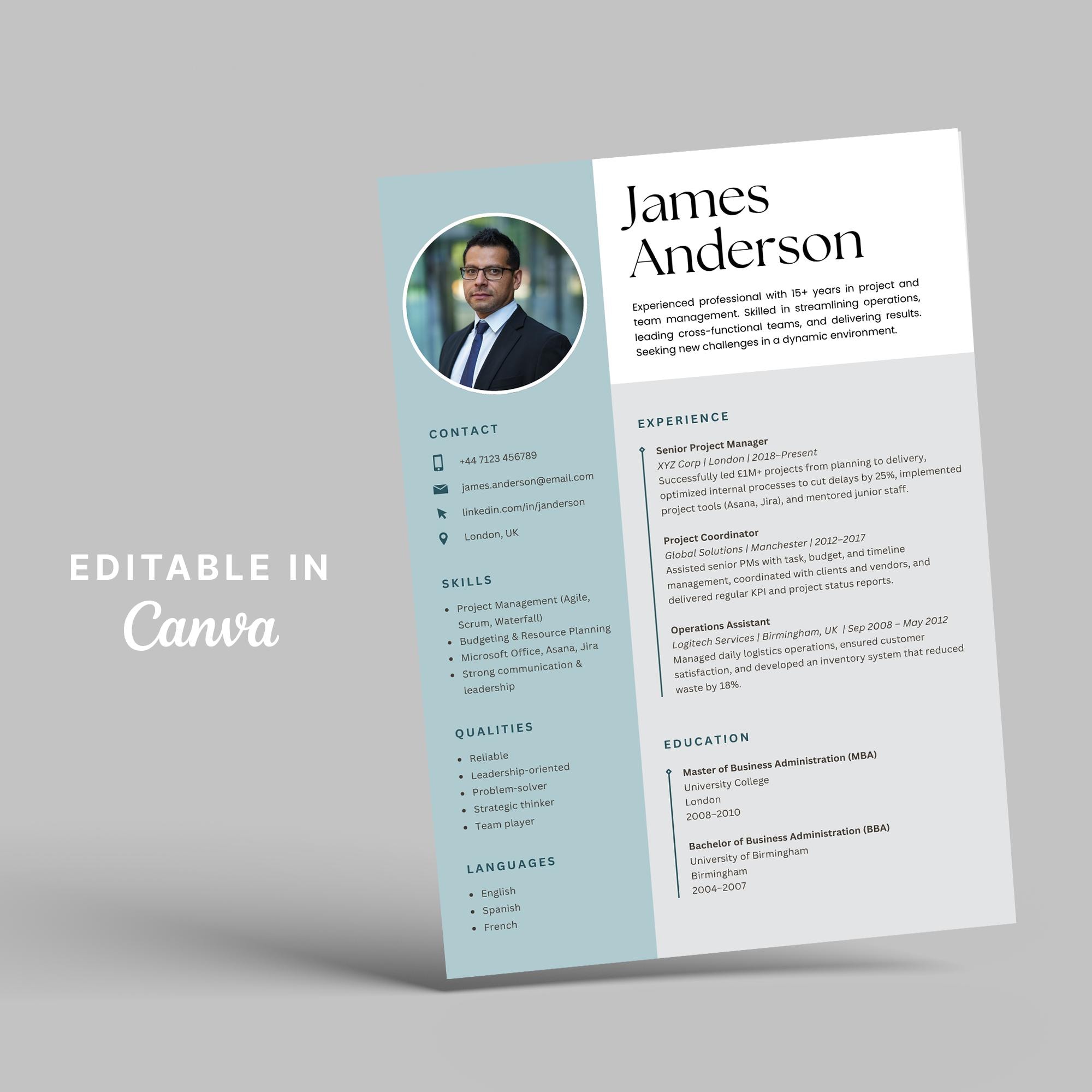Executive Resume Template for Men – Professional & Modern CV – Editable ...