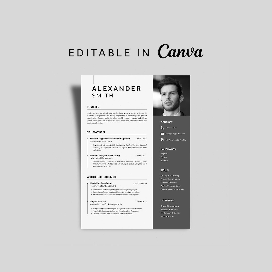 Minimalist Resume Template for Men | Modern CV in English | Editable in ...