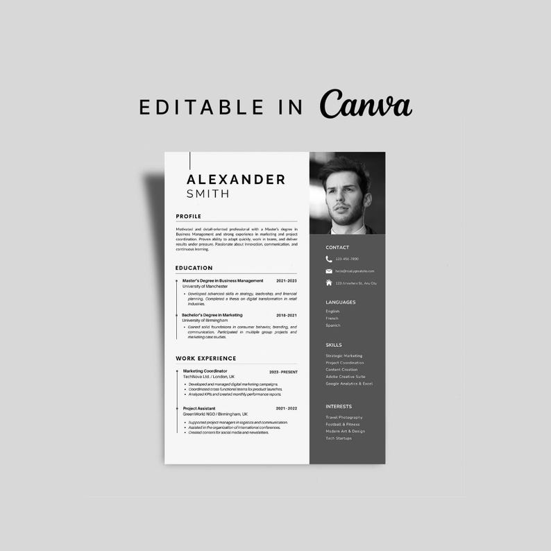 Minimalist Resume Template for Men | Modern CV in English | Editable in ...