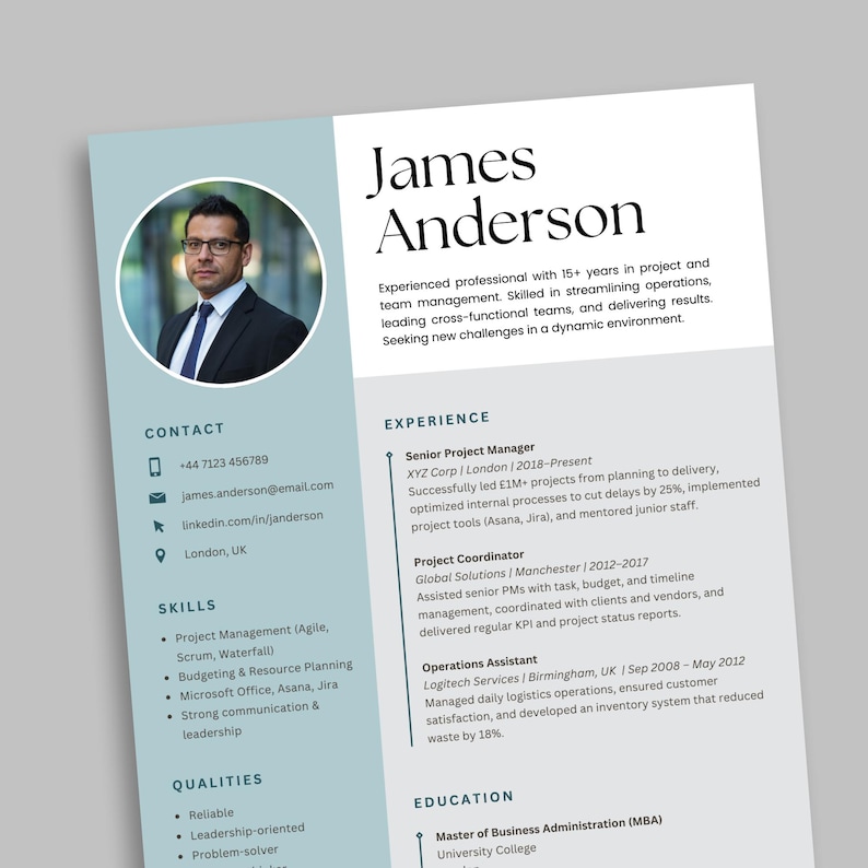 Executive Resume Template for Men – Professional & Modern CV – Editable ...