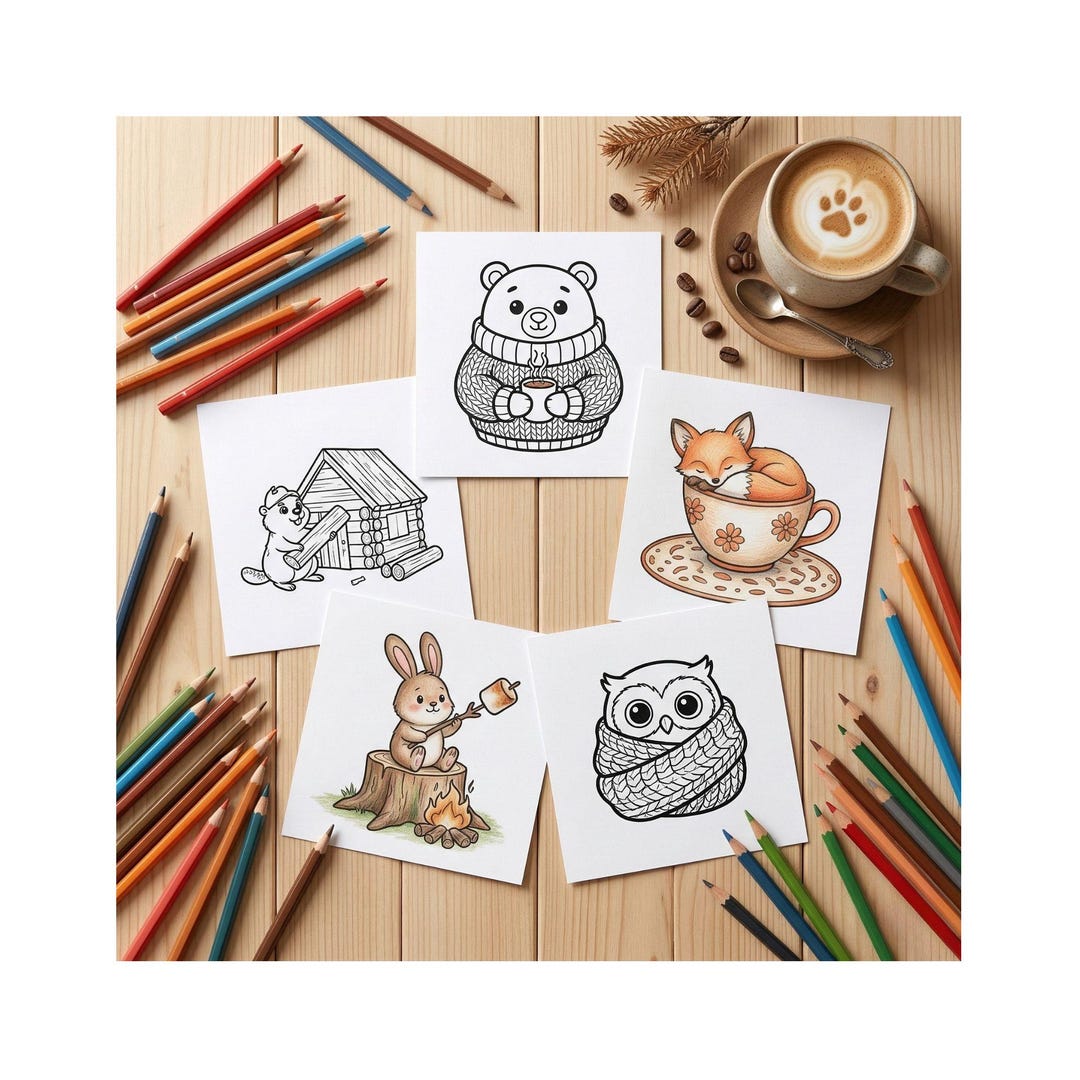 Cozy Woodland Animal Coloring Pages, Bear, Fox, Owl, Rabbit, Beaver (2 ...