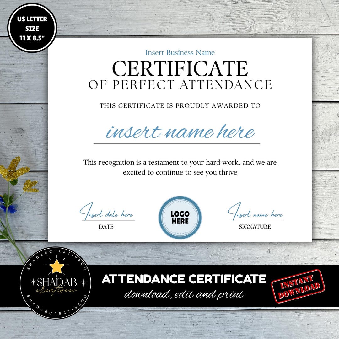 Perfect Attendance Certificate Template, Recognition Award Editable ...