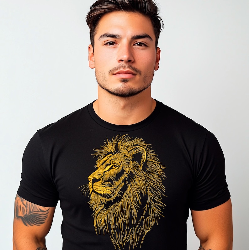 Lion Embroidery Design – Majestic Lion Head in Gold Line Style - Golden ...