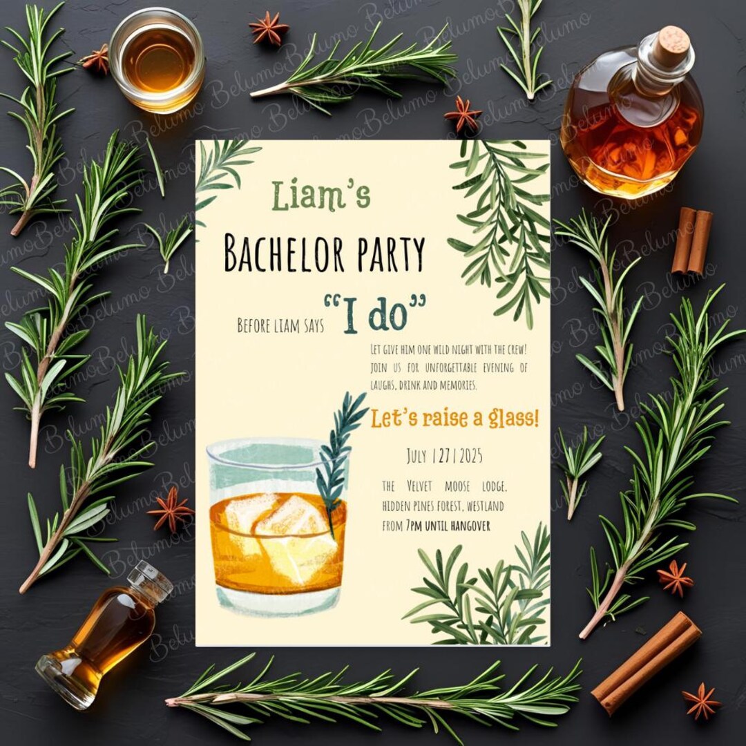 Editable Bachelor Party Invitation, Whiskey & Greenery Theme, Rustic ...