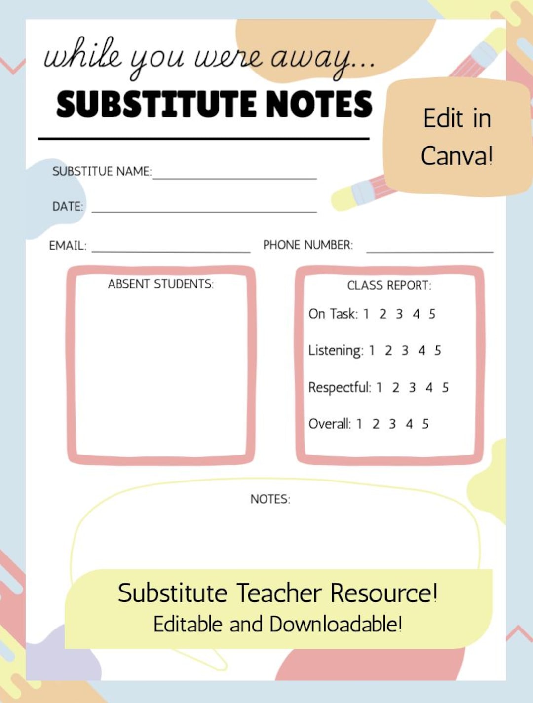 Editable Substitute Teacher Notes | Sub Plans Form | Classroom ...