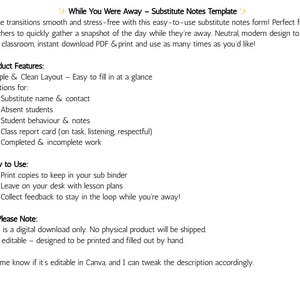 Editable Substitute Teacher Notes | Sub Plans Form | Classroom ...