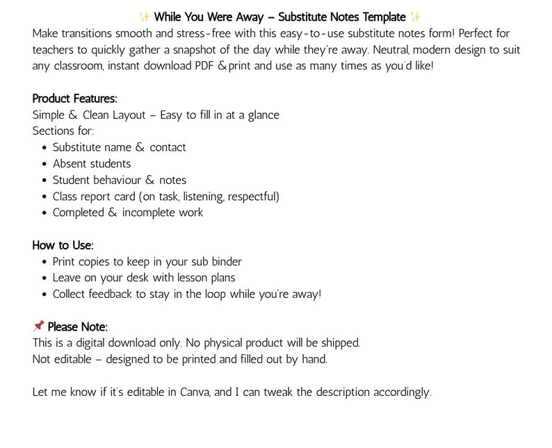 Editable Substitute Teacher Notes | Sub Plans Form | Classroom ...