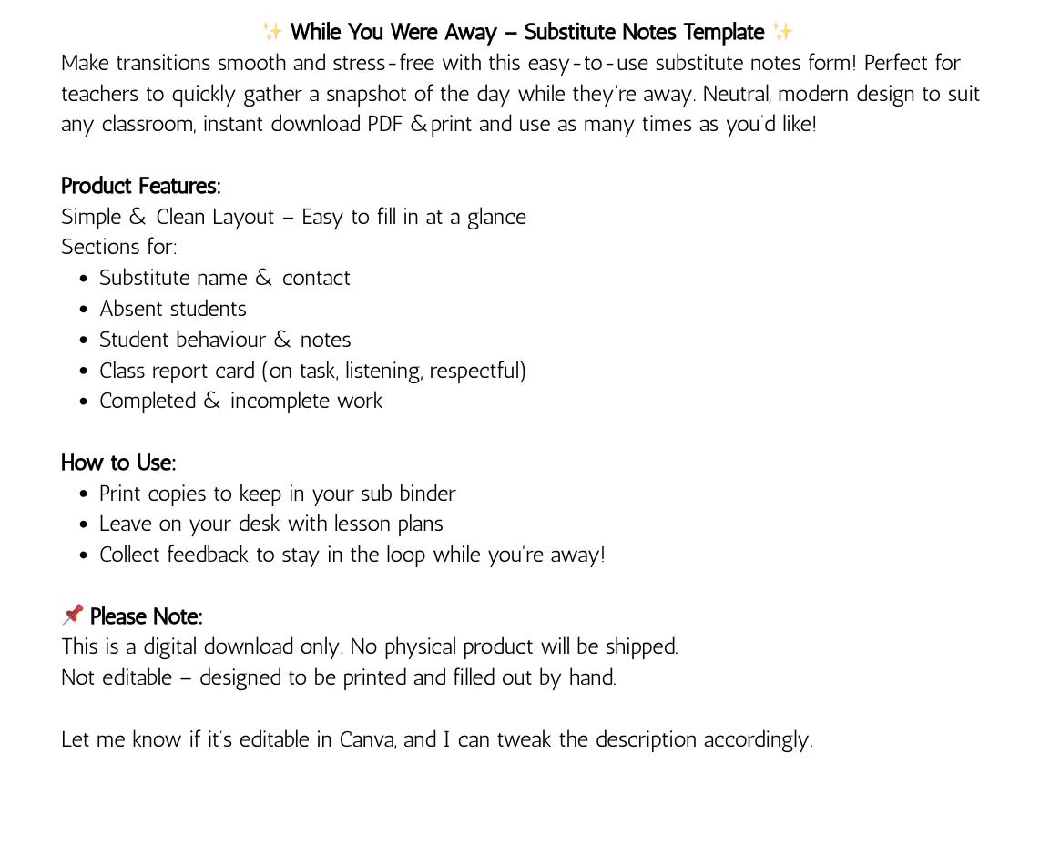 Editable Substitute Teacher Notes | Sub Plans Form | Classroom ...