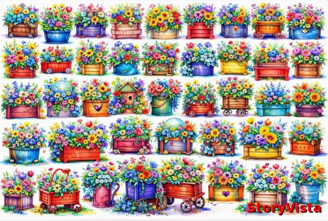 Spring Flower Planter Clipart Bundle, Garden Pots PNG Set, Floral ...