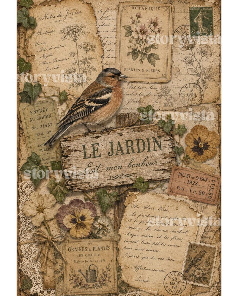 Vintage Botanical Bird Printable Bundle, Shabby Chic Bird Collage Pages ...