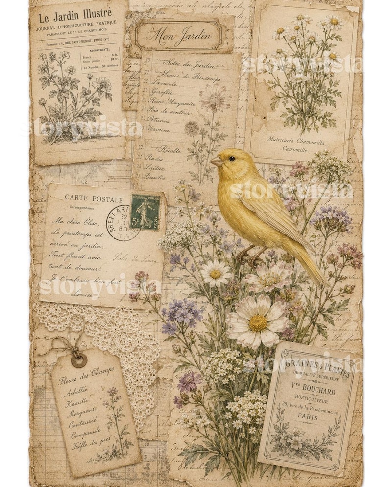 Vintage Botanical Bird Printable Bundle, Shabby Chic Bird Collage Pages ...