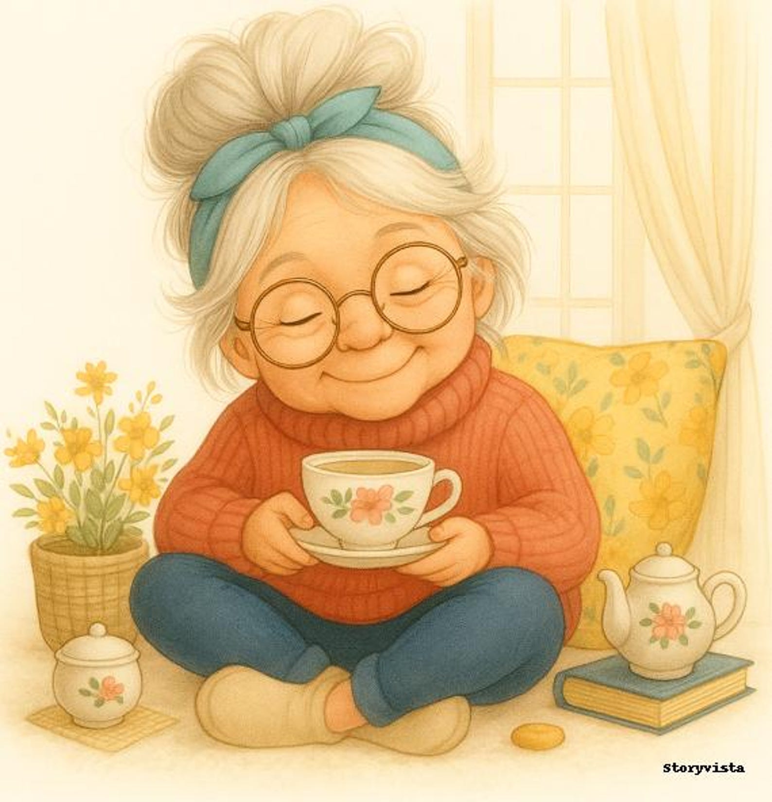 Cozy Grandma Tea Time Clipart Bundle: Whimsical Granny Illustrations ...