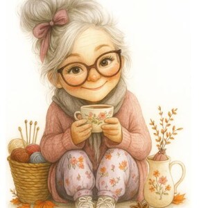 Cozy Grandma Tea Time Clipart Bundle: Whimsical Granny Illustrations ...