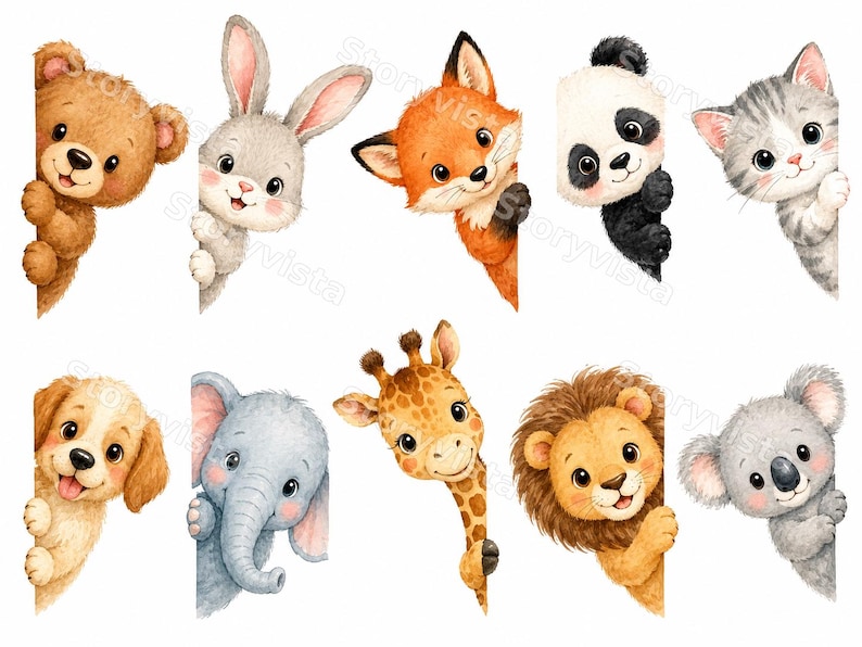 Watercolor Animal Peeking Clipart Bundle PNG, Funny Nursery Safari Pet ...