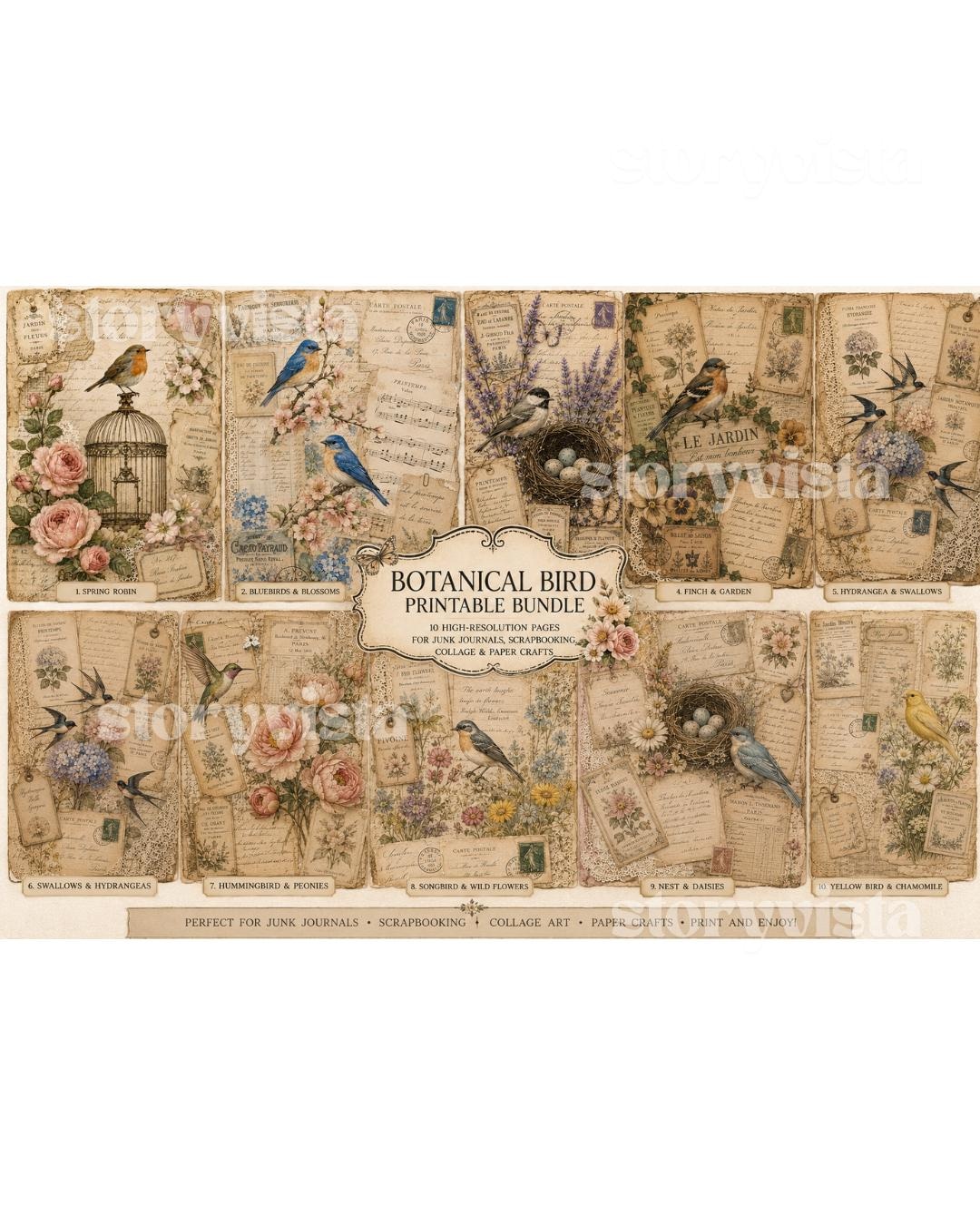 Vintage Botanical Bird Printable Bundle, Shabby Chic Bird Collage Pages ...