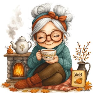 Cozy Grandma Tea Time Clipart Bundle: Whimsical Granny Illustrations ...