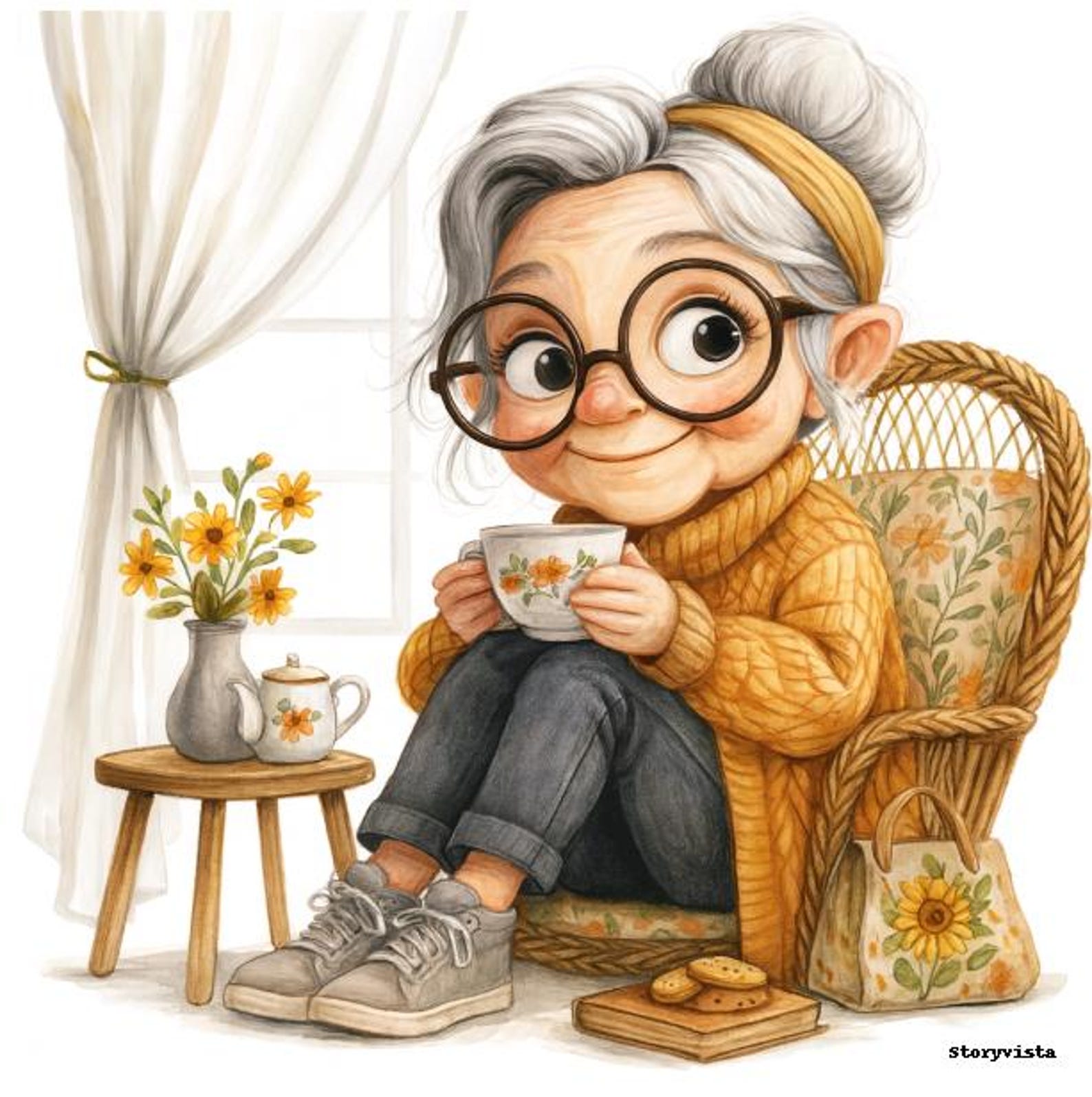 Cozy Grandma Tea Time Clipart Bundle: Whimsical Granny Illustrations ...