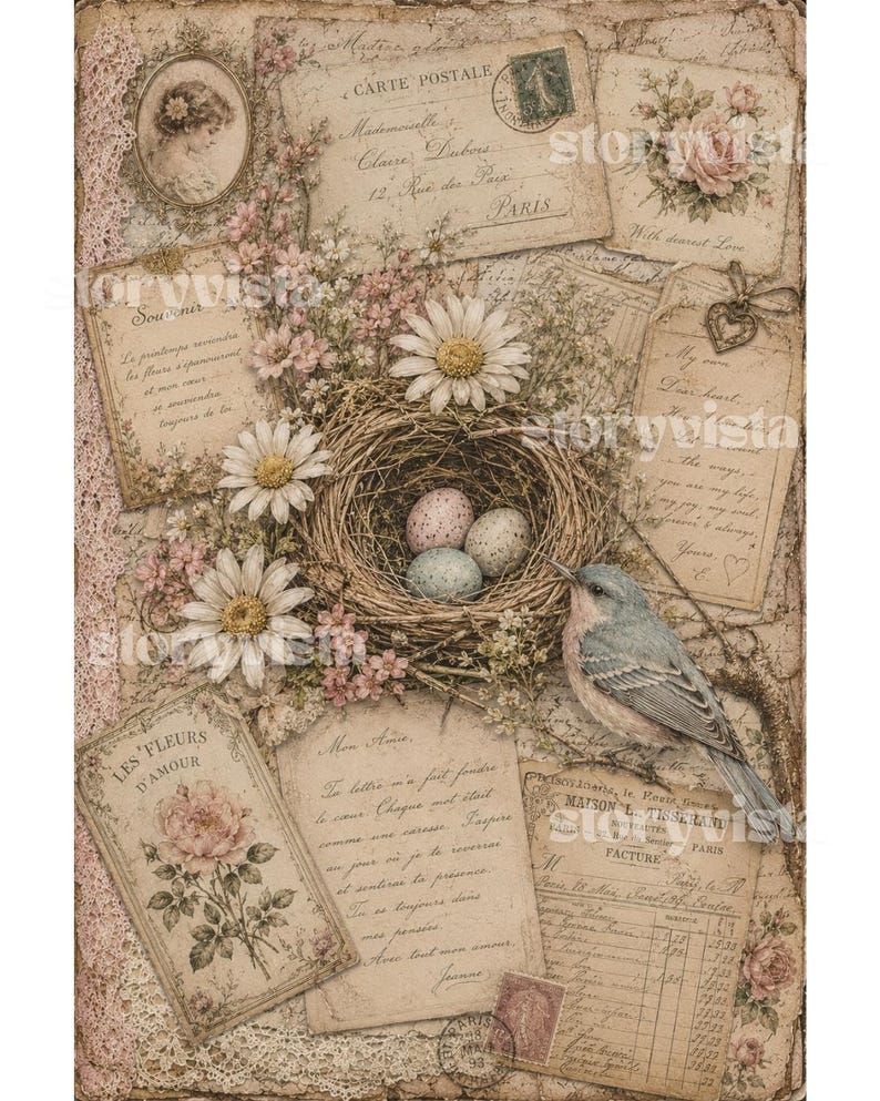 Vintage Botanical Bird Printable Bundle, Shabby Chic Bird Collage Pages ...