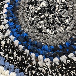 Round 36” Up-cycled Scrappy Crocheted Rag Rug - Black/white/blue ...