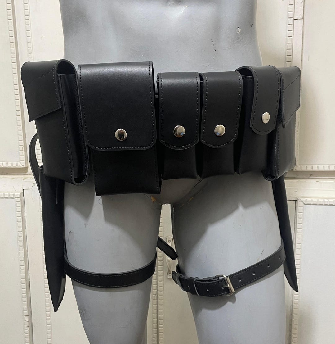 Black Leather Utility Belt With Leg Straps, 2 Holster and Pouches ...