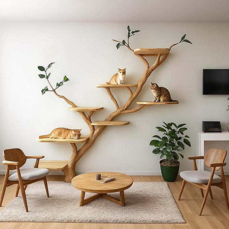 Wooden Tree Shaped Cat Tree – Handmade Natural Branch Cat Tower Indoor ...