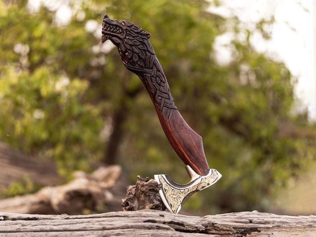 Handcrafted Viking Wolf Axe – Norse Dragon Head Carved Handle With ...
