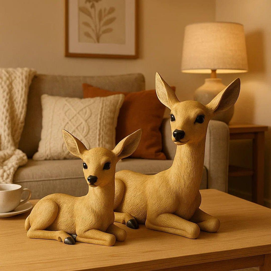 Deer Figurines Set – Realistic Sitting Doe and Fawn Sculptures ...