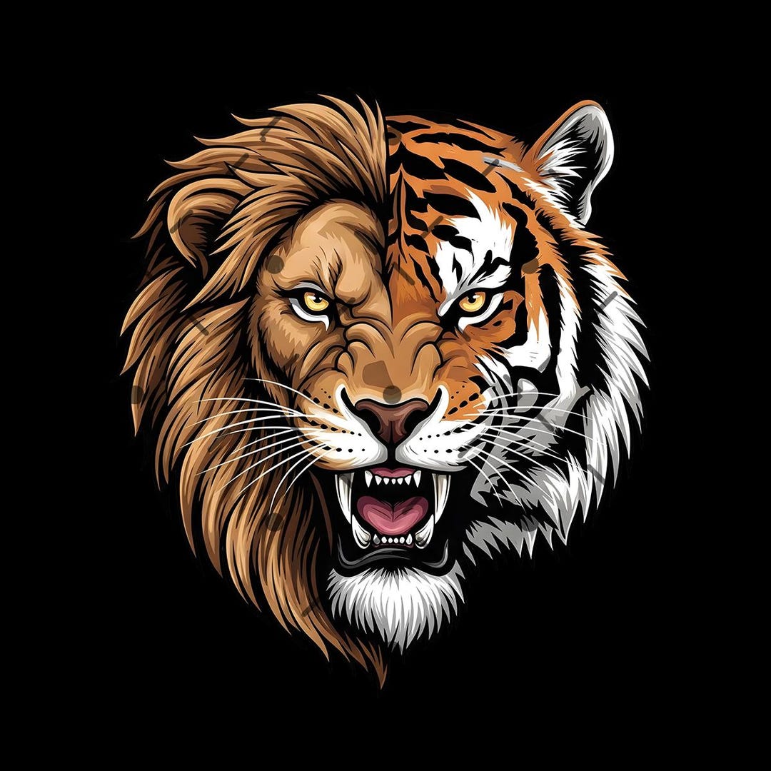 Lion Tiger Split Face PNG PSD | Fierce Animal Head Digital Design ...
