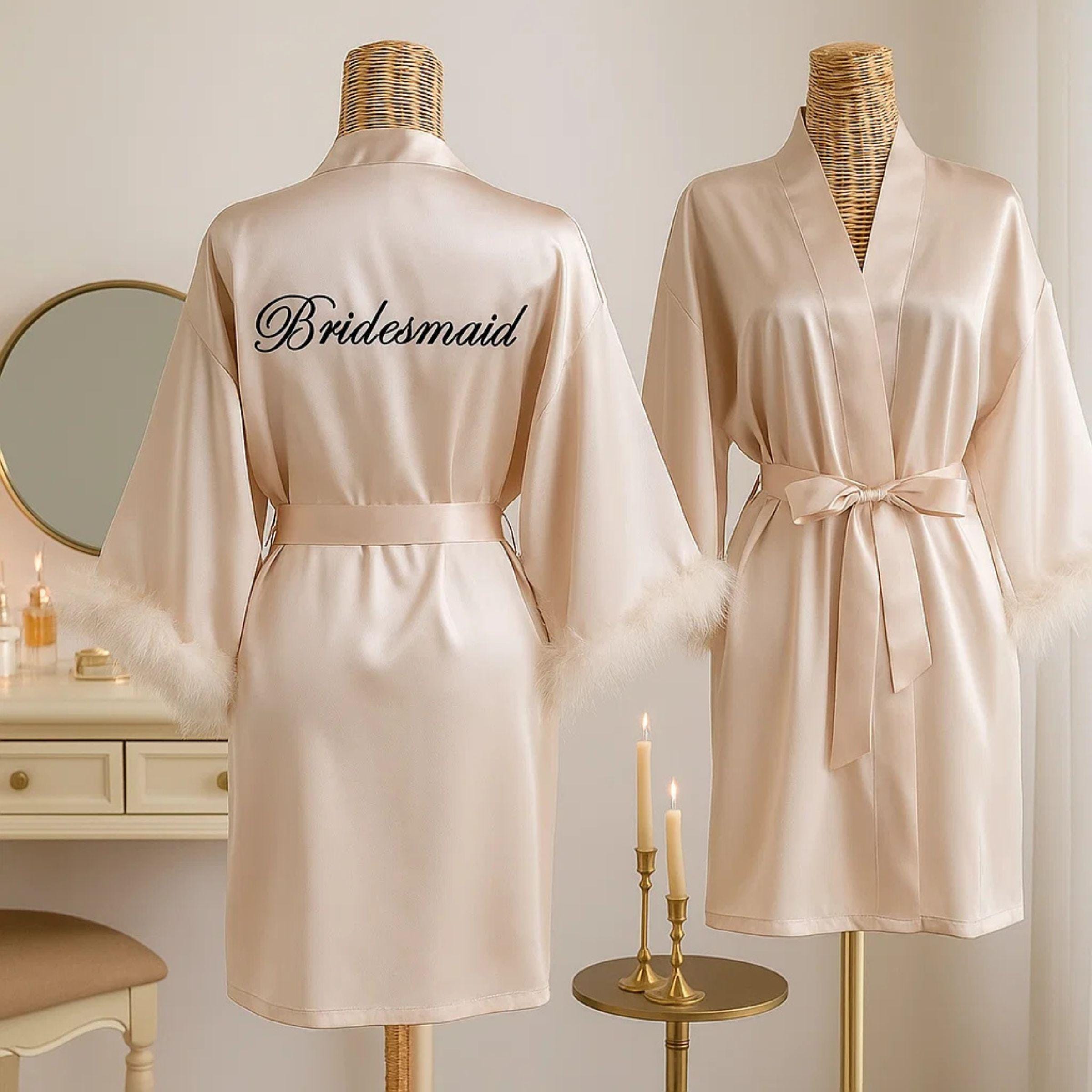 Feather Trim Bridal Satin Robe: Wedding Day, Bridesmaid Gift - Etsy