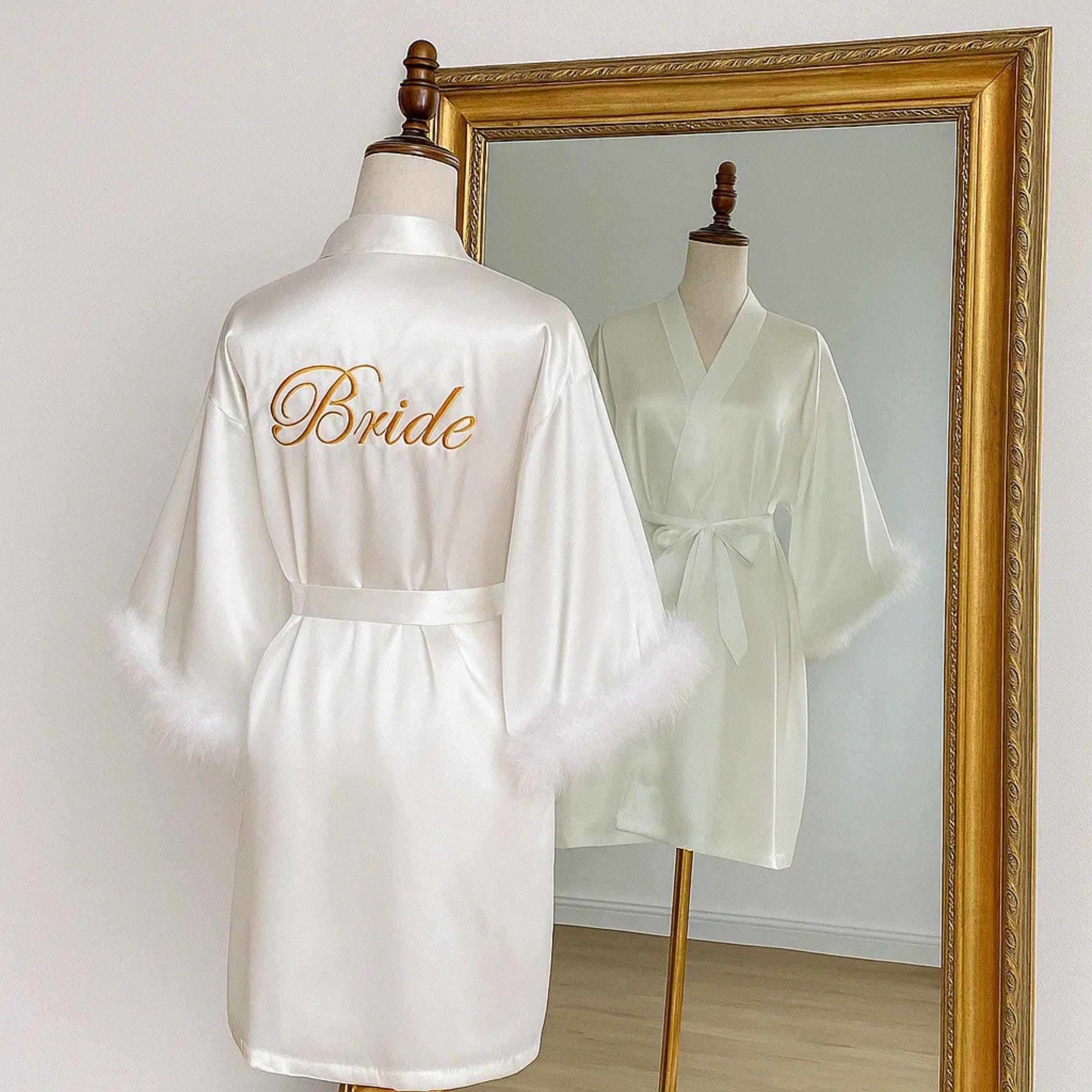Feather Trim Bridal Satin Robe: Wedding Day, Bridesmaid Gift - Etsy