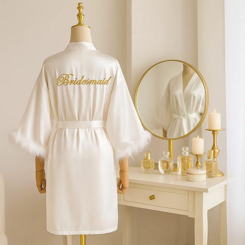 Feather Trim Bridal Satin Robe: Wedding Day, Bridesmaid Gift - Etsy
