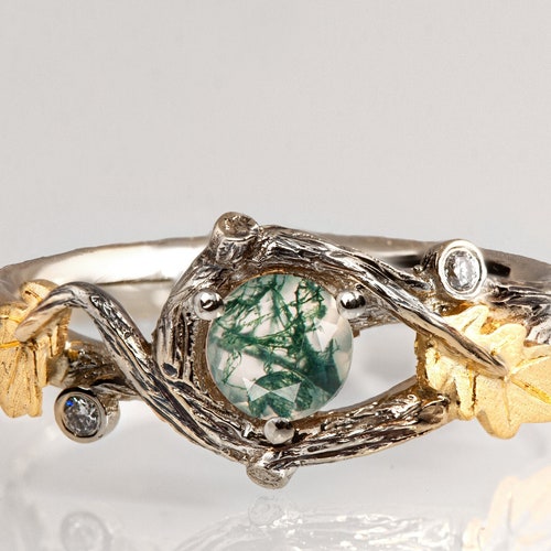 Twig and Oak Leaf Moss Agate Engagement Ring Oval Moss Agate - Etsy