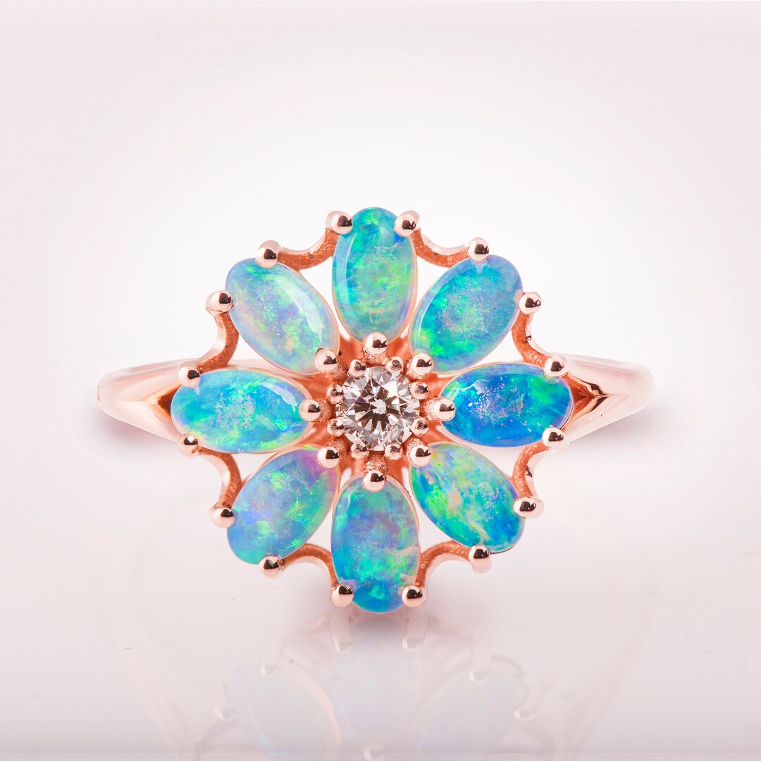 Flower Opal Ring, Opal Engagement Ring, Opal Ring, Unique Engagement Ring, Opal Halo Ring ...