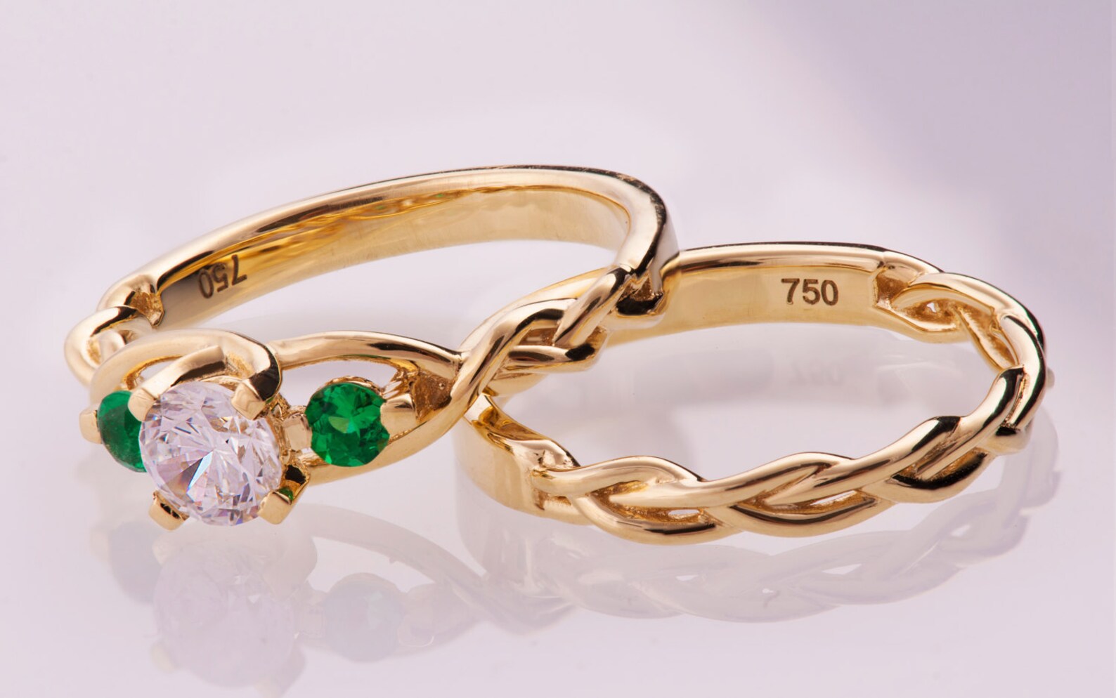 Braided Bridal Set Diamonds and Emeralds engagement ring | Etsy