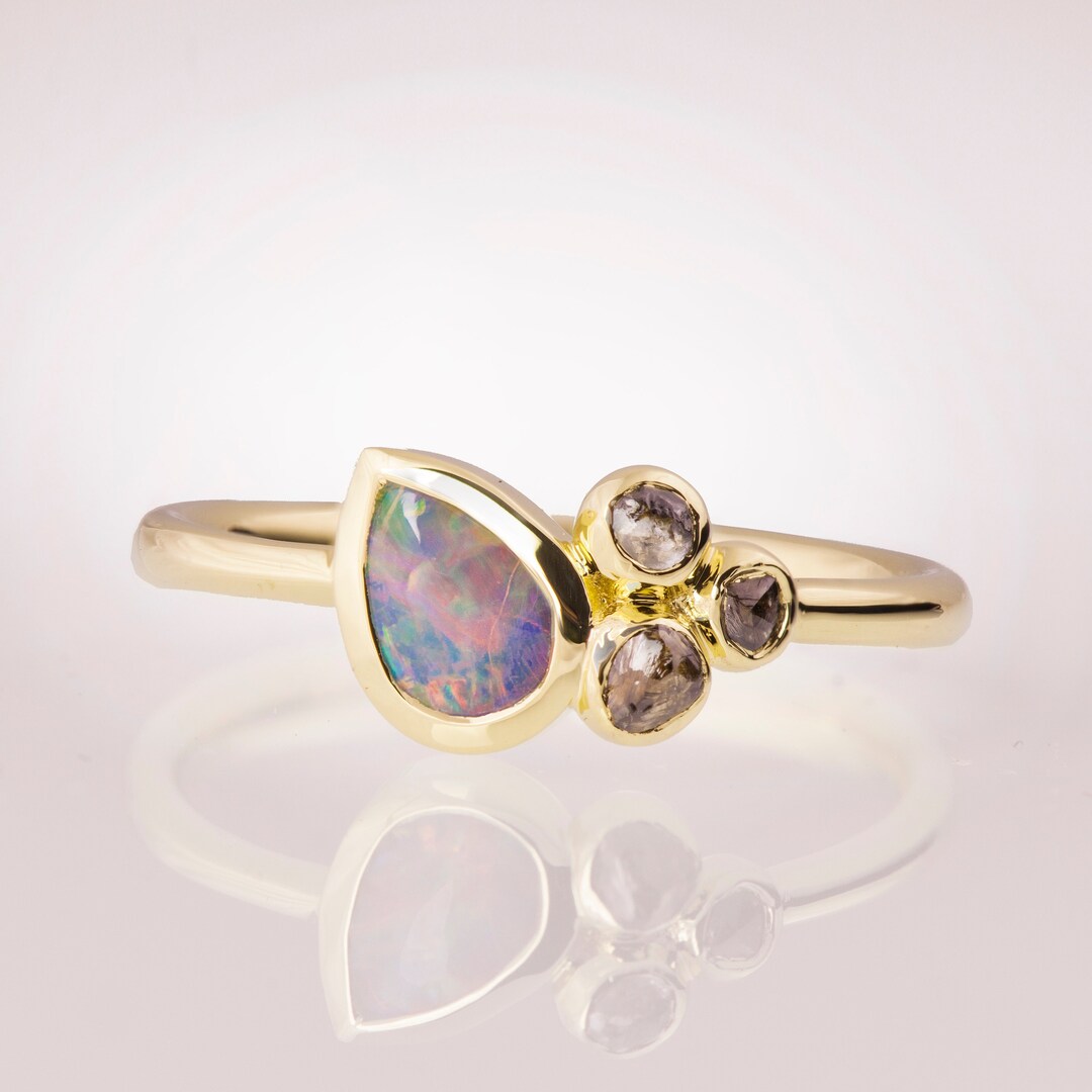 Opal Ring, Raw Diamond Ring, Cluster Ring, Opal Engagement Ring, Unique ...