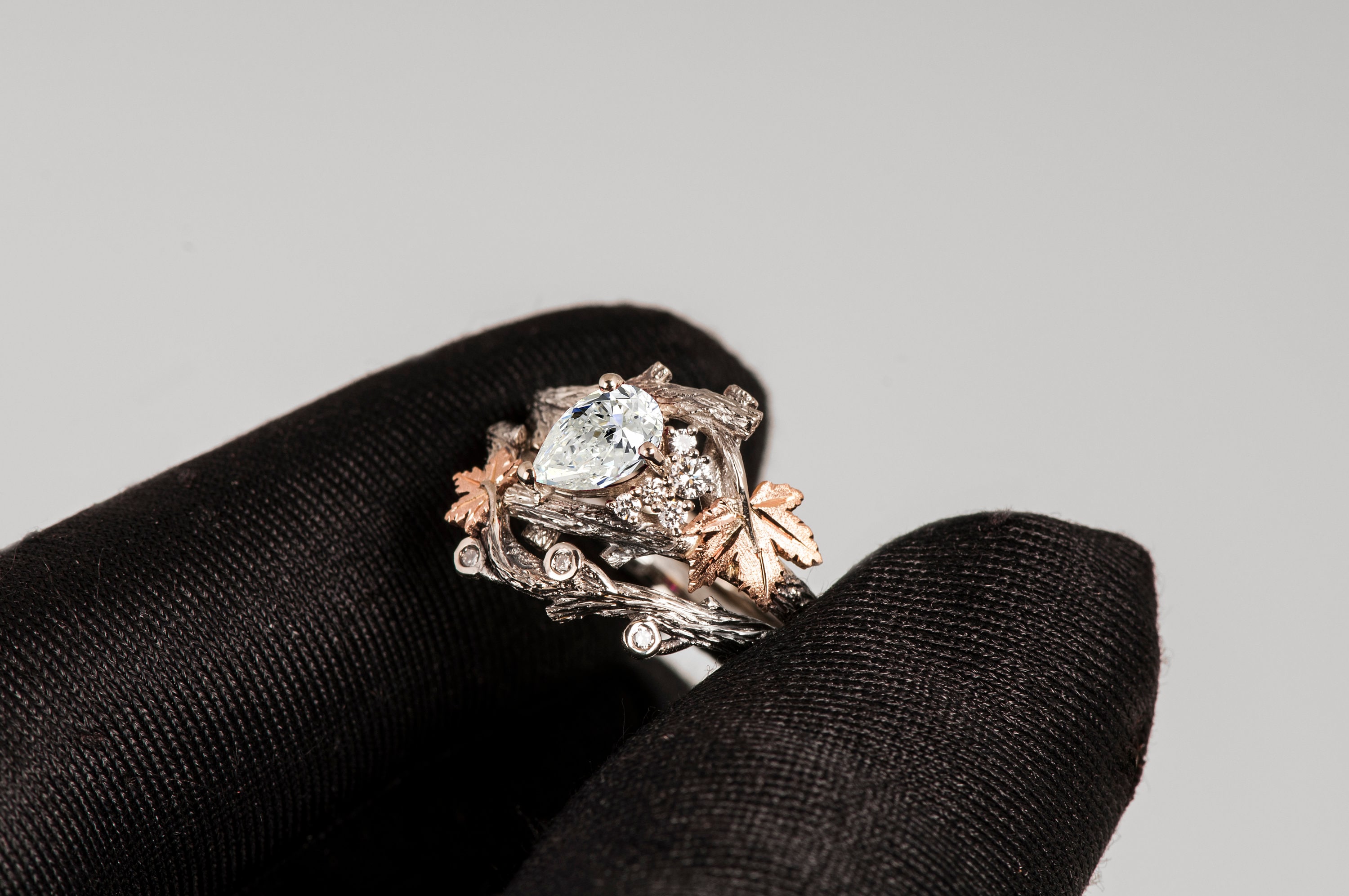 Pear Diamond Maple Leaf Ring Set: 14k Gold Twig Bridal Jewelry - Etsy