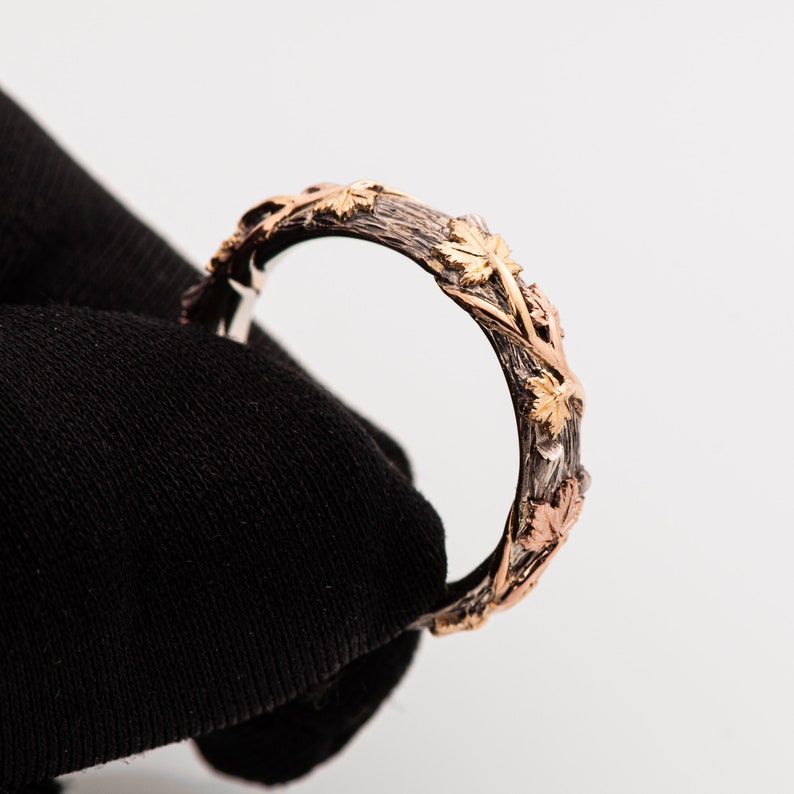 Twig and Maple Leaf Wedding Ring, 14 Rose Gold Bark Wedding Ring - Etsy
