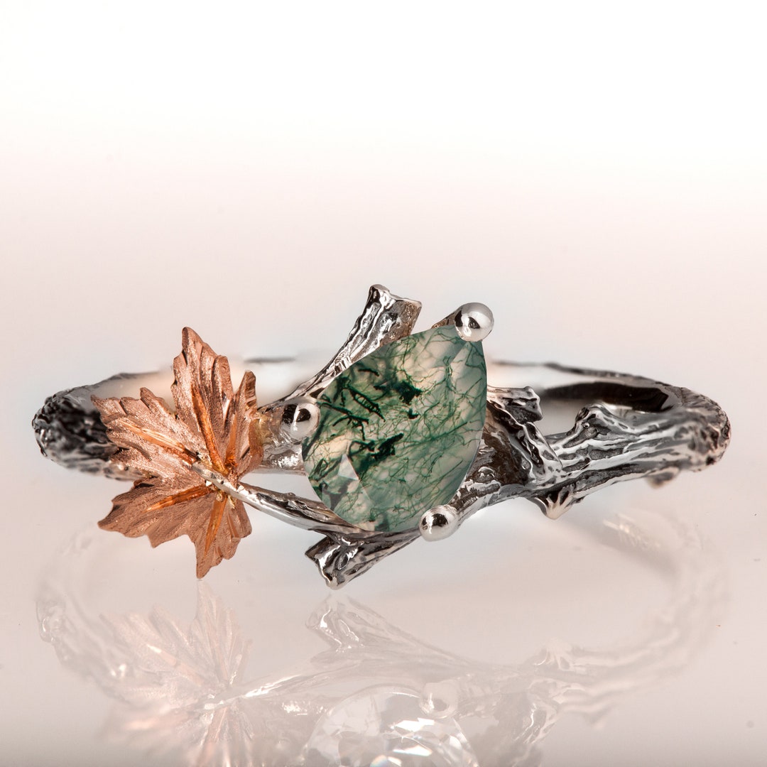 Twig and Leaf Platinum Engagement Ring, Moss Agate Engagement Ring, Maple Leaf Ring, Moss Agate ...