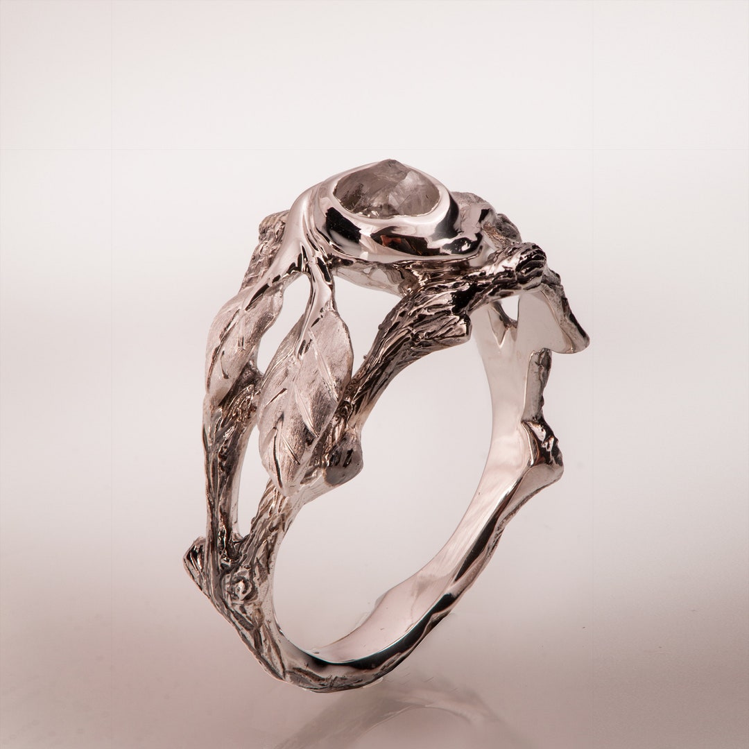 Raw Diamond Bridal Set, Rough Diamond Wedding Set, Twig and Leaf Bridal ...