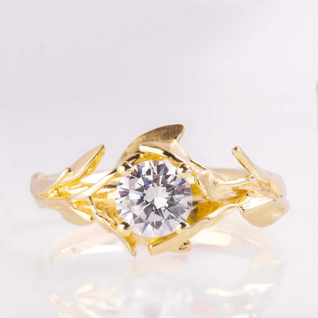 14k Solid Gold and Diamond Leaves Engagement Ring - Etsy