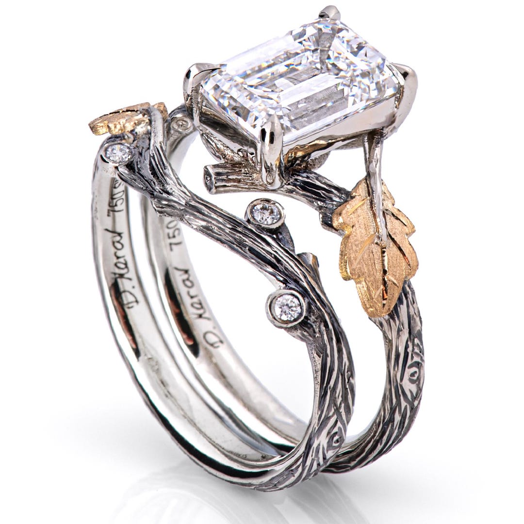 Elven Oak Leaf Diamond Engagement Ring Set: Twig Bridal Set - Etsy